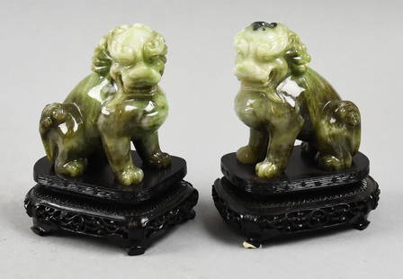 Antique Chinese Hand Carved Signed Foo Dogs Auction