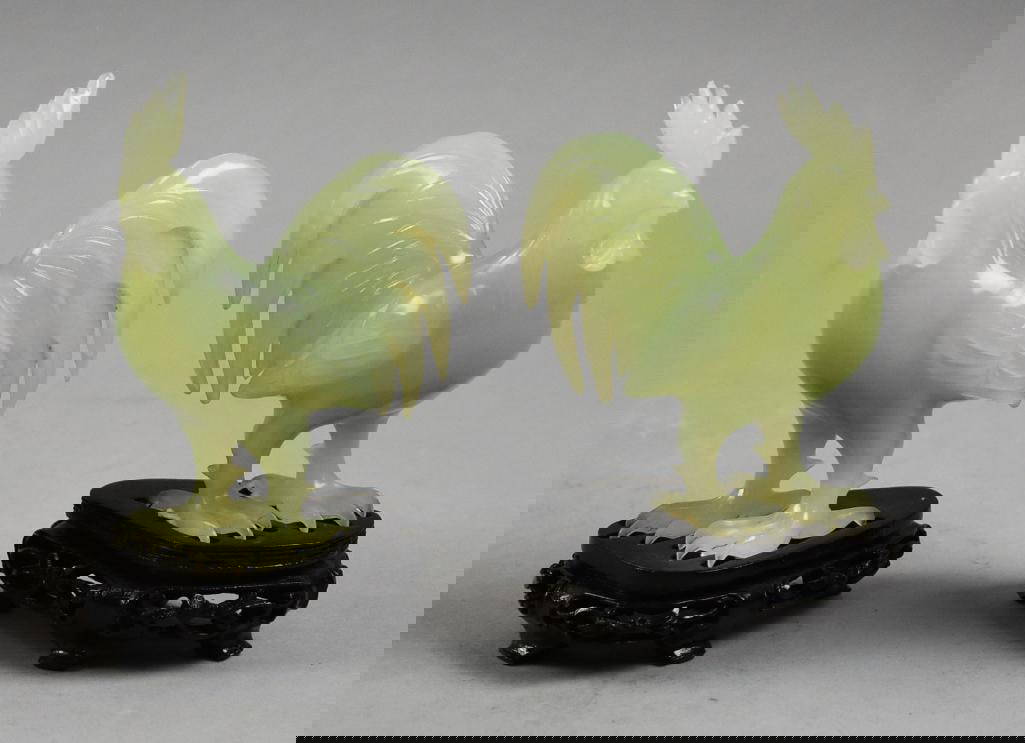 Pair Vintage Chinese Carved Jade Roosters On Stands Auction