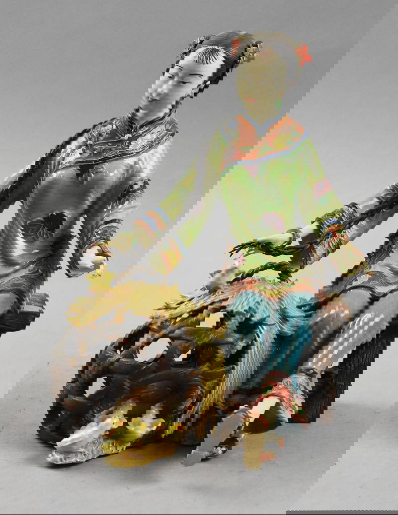 Chinese Wucai Porcelain Young Lady W/ Chicks Sculpture Auction