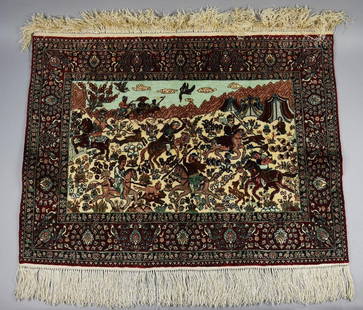 Iran/persian Hunting Scene Silk Woven Rug