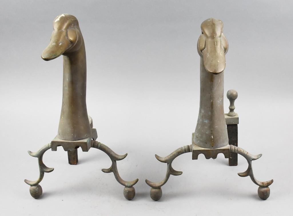 Pair Antique Cast Iron Duck Decoy Andirons.