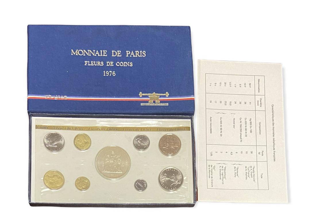 1976 Monnaie De Paris France Fleurs de Coins 9 Coin Specimen Set ASW 0. ...