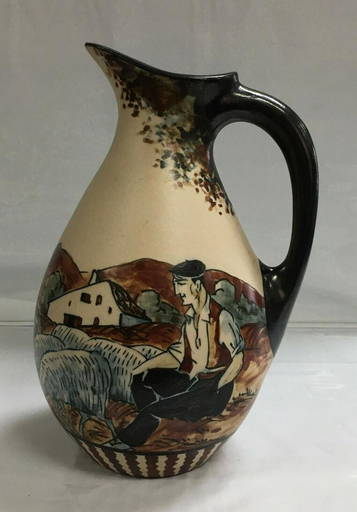 Rf Ciboure Basque French Old Pottery 8" Pitcher Signed By R. Le Corrone