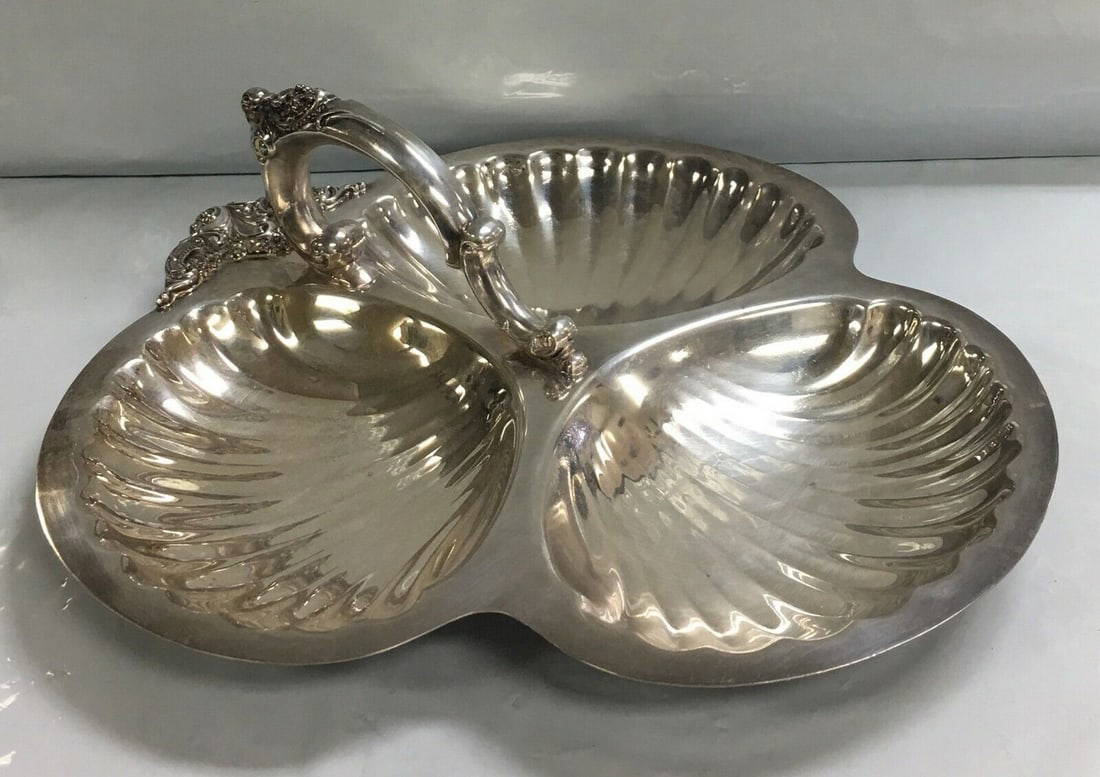 Vintage Wallace Baroque Silver-plate Clam Shell Three Plate Footed Dish ...
