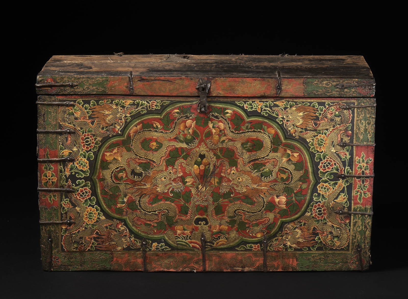A Large Painted Wood 'dragon' Storage Chest, 19th Century Auction