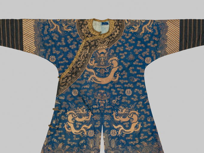A Silk Gold And Blue Ground 'nine Dragons' Robe, Jifu, Qing Dynasty