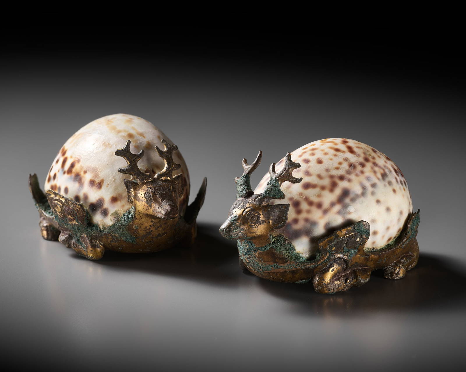 A Rare Pair Of Unusual Cowrie Shell And Gilt-bronze 'stag' Mat Weights ...