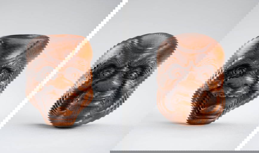 Two Wood Bakemono Mask Carvings