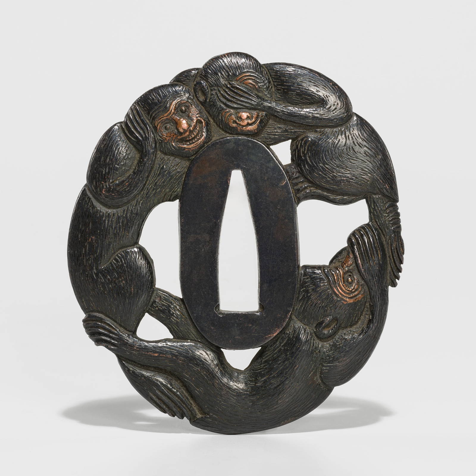 A Rare Shakudo And Copper Tsuba Of Sambiki Saru (three Wise Monkeys) Auction