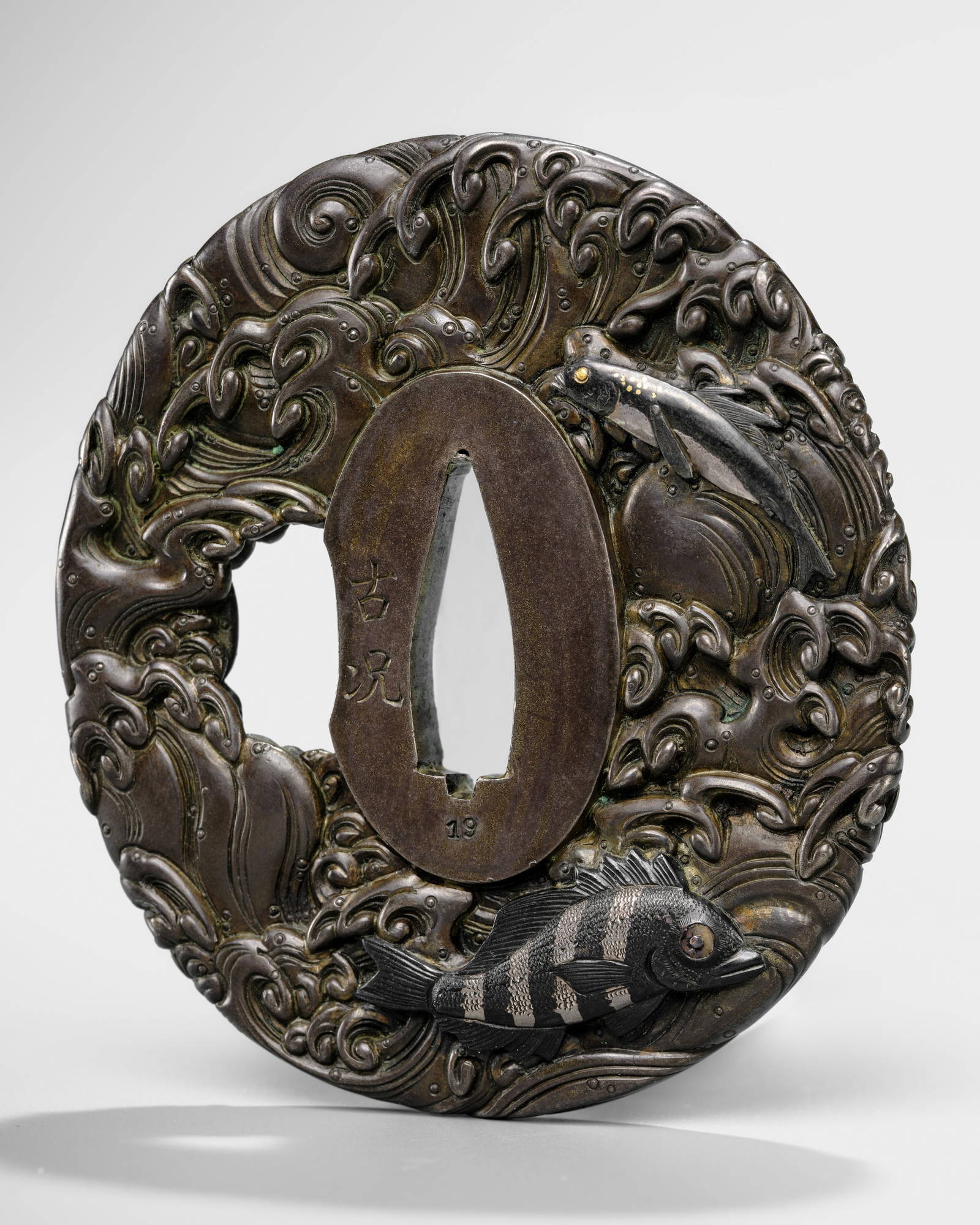Kokyo: A Fine Shibuichi Tsuba With Flying Fish (tobiuo) Among Turbulent ...