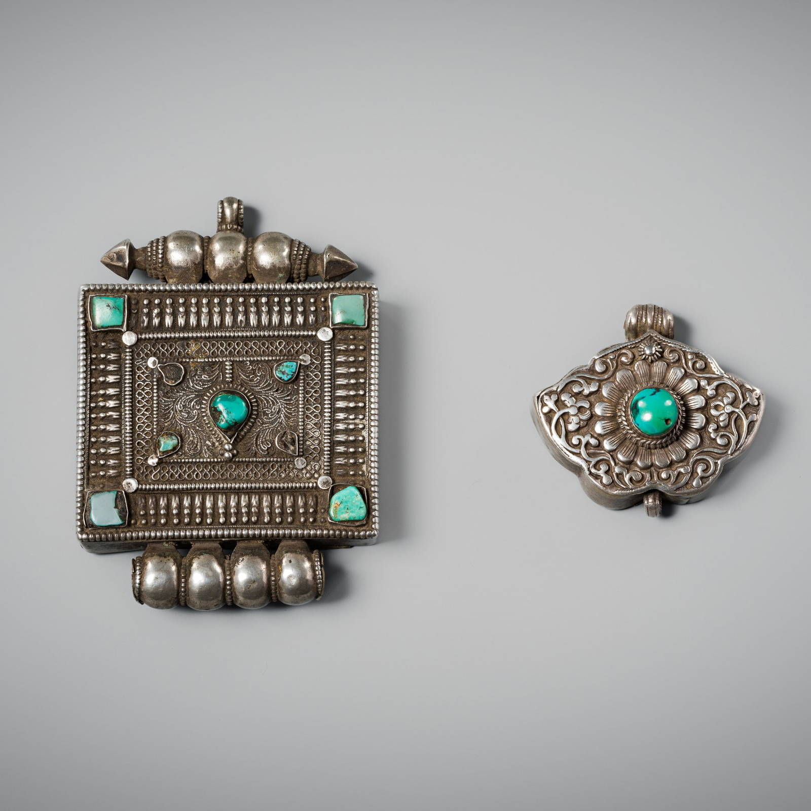 Two Turquoise-inlaid Silver Amulet Boxes, Gau, 19th-early 20th Century ...