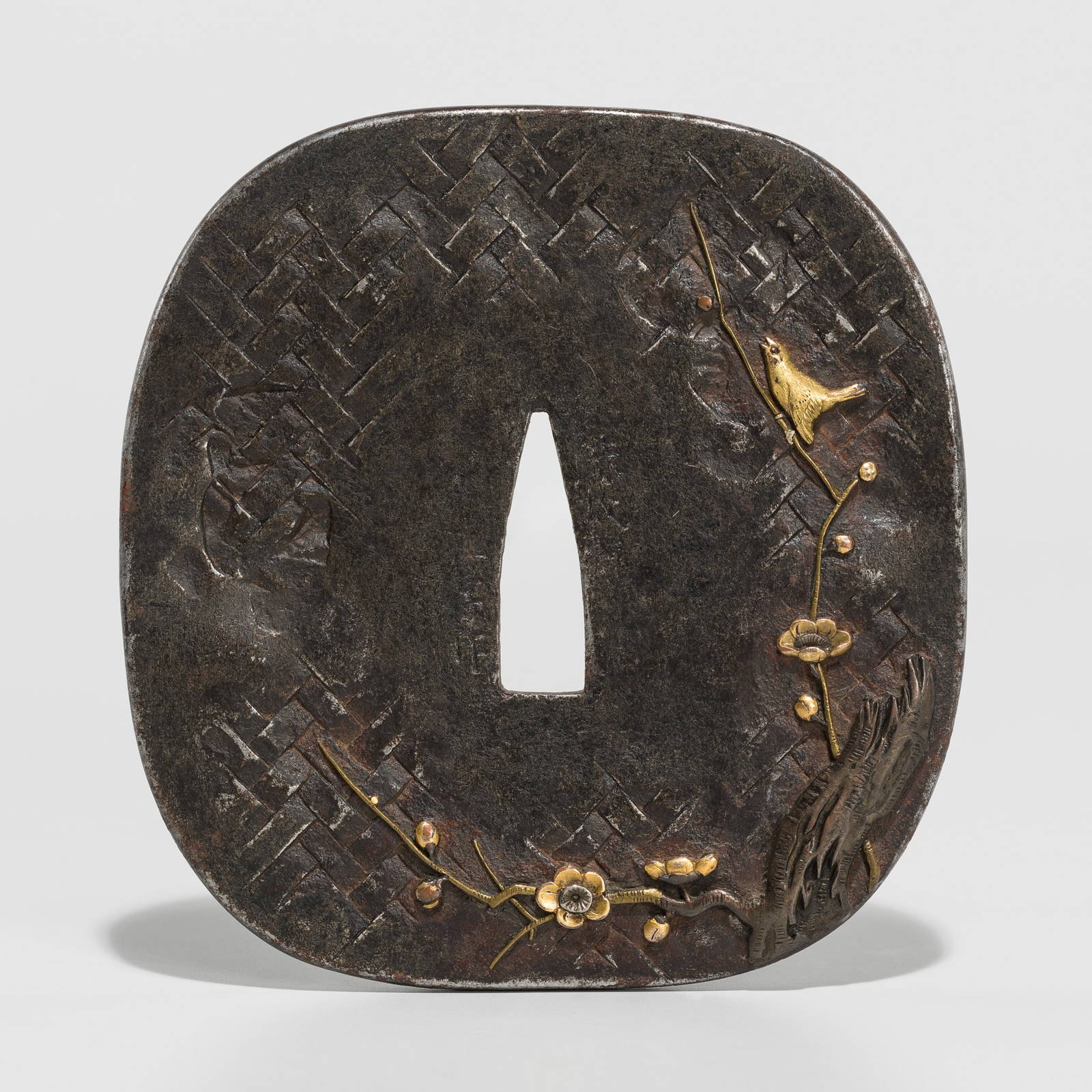 Sekijoken Motozane: An Iron Tsuba Depicting A Winter Scene Of A Bird In ...