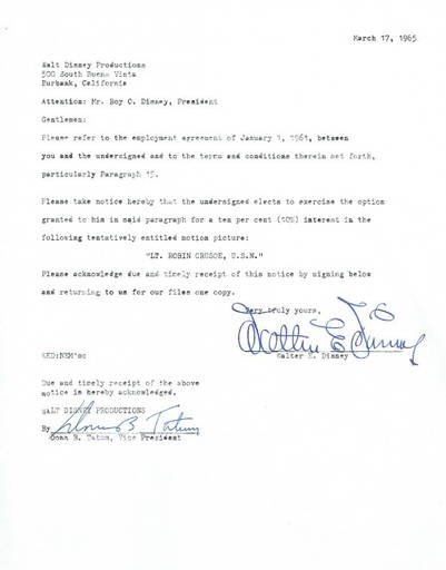Walt Disney Contract Lsigned By Walt Disney/ Donn Tatum