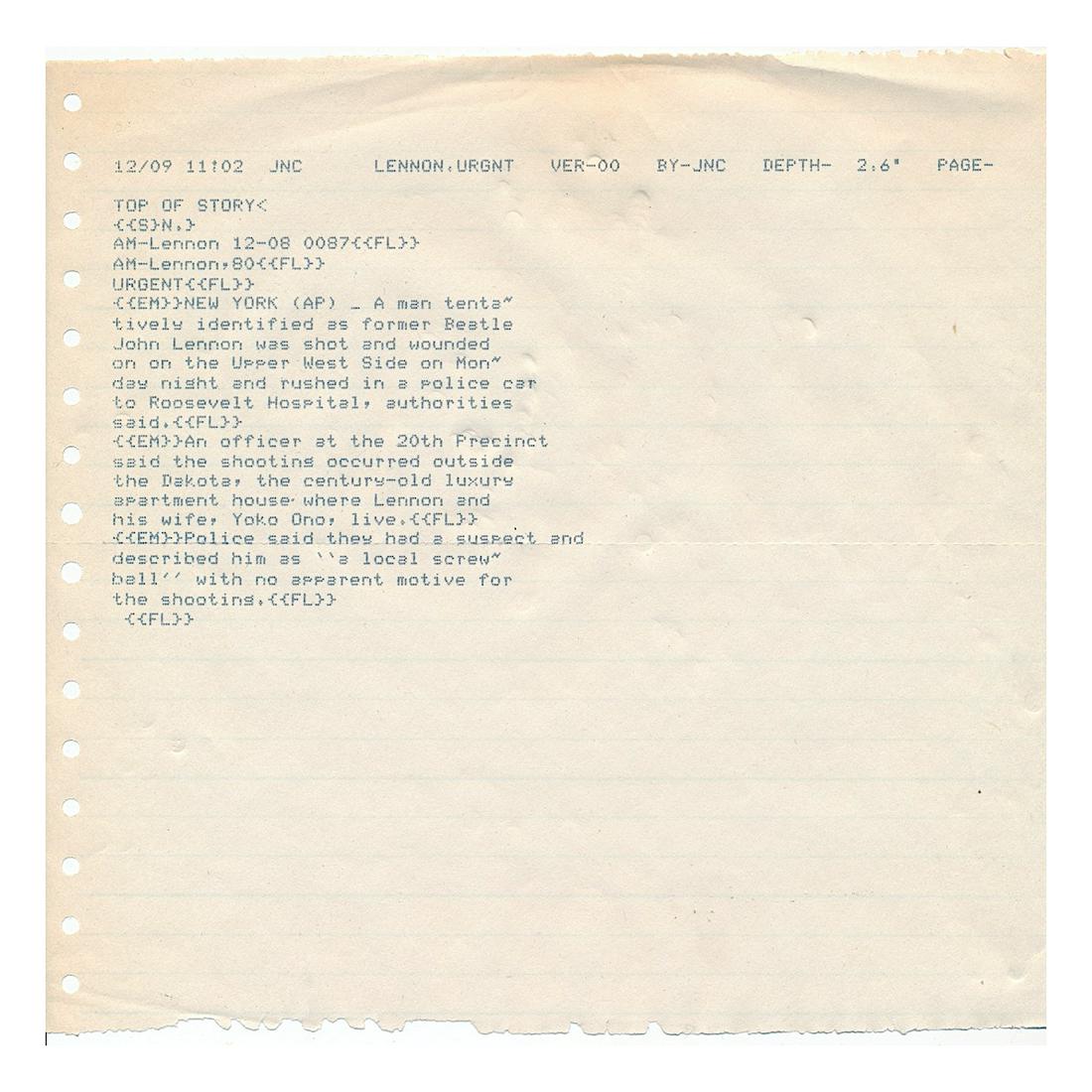 John Lennon Shooting 1980 Ap Wire Bulletin