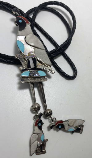 3" Signed Zuni Sterling Quail Turquoise Bolo Tie