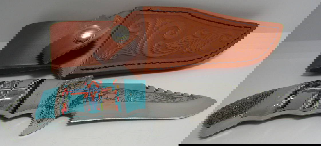 Turquoise Inlay Hunting Knife W Sheath