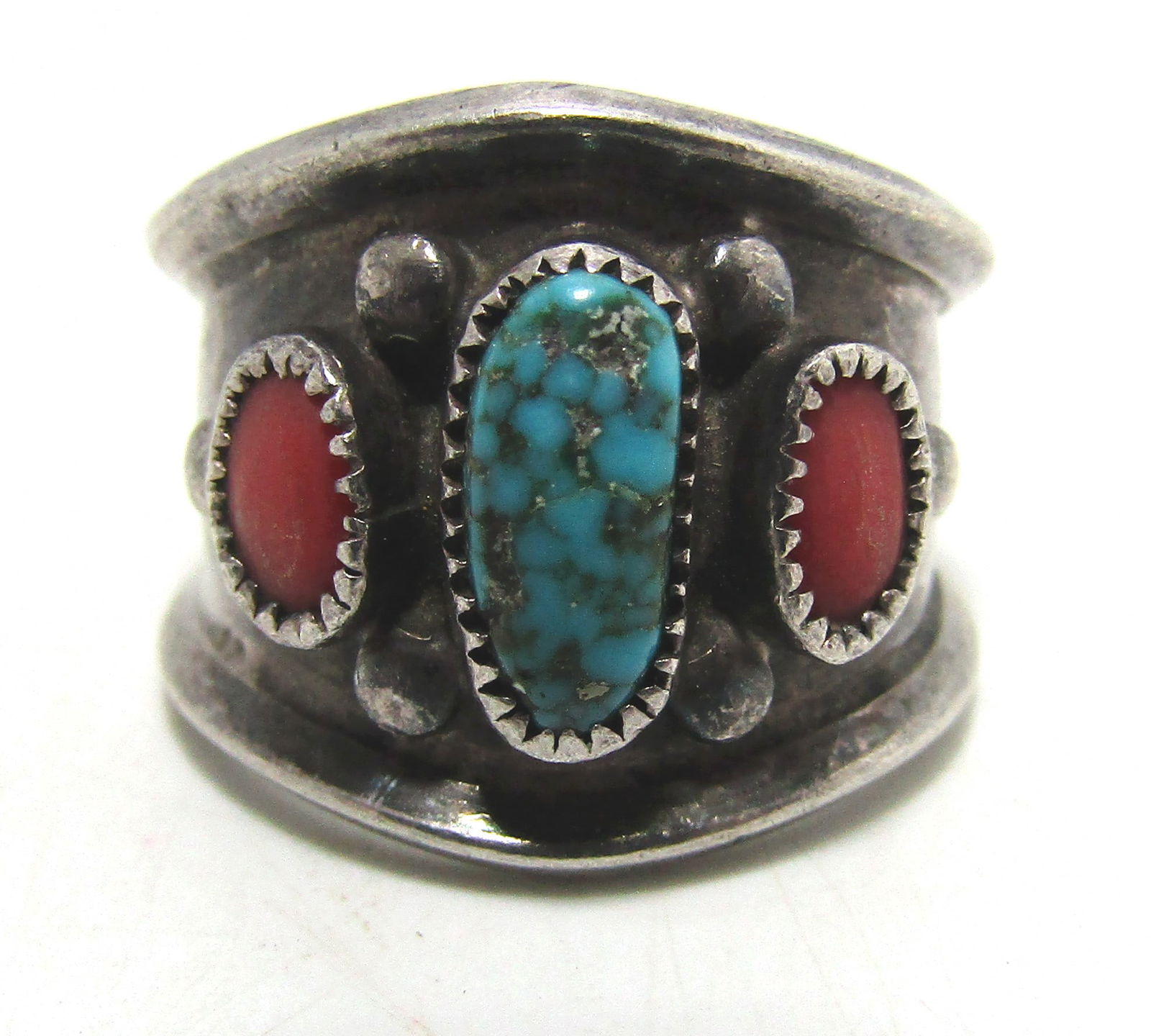 Navajo Sterling Turquoise Red Coral Ring Auction