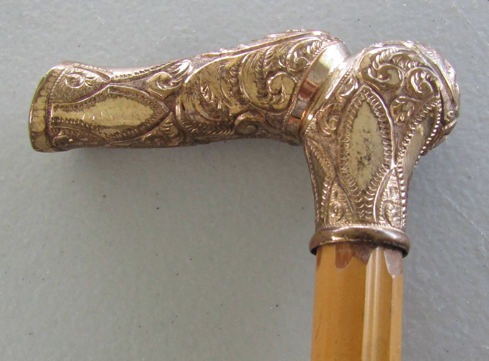1890 Antique Gold Handle Cane Engraved Repousse Auction