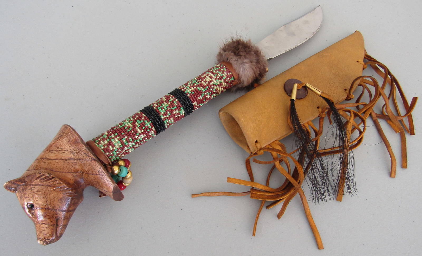 Carved Wood Bear Beaded Fur Knife W Leather Sheath Auction