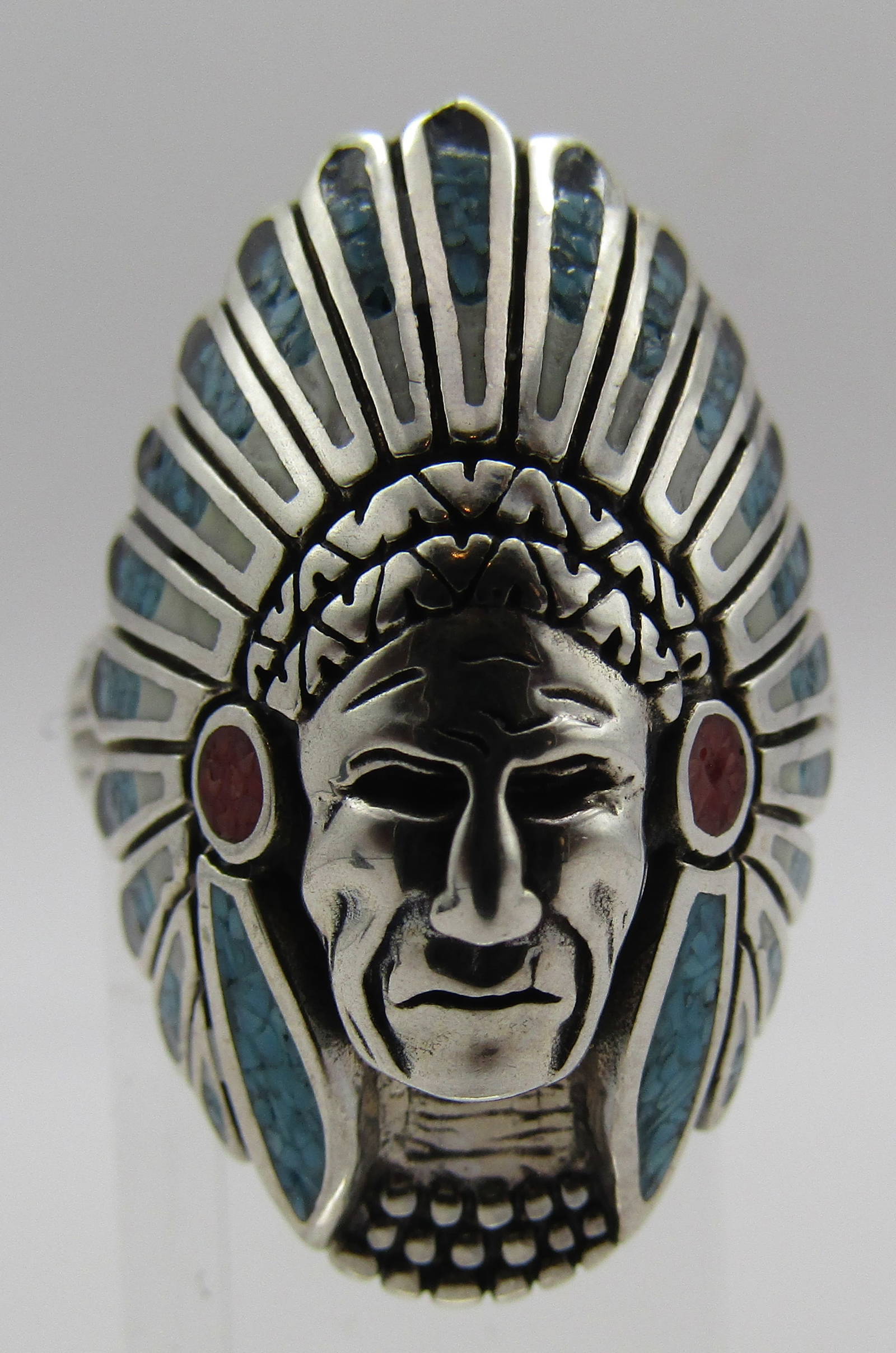 Indian Chief Ring Sterling Silver Size 13 Turquois Auction