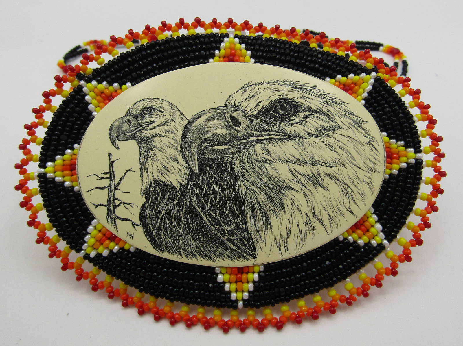 D Cornutt Beadwork Necklace Eagle Scrimshaw "bw" Auction