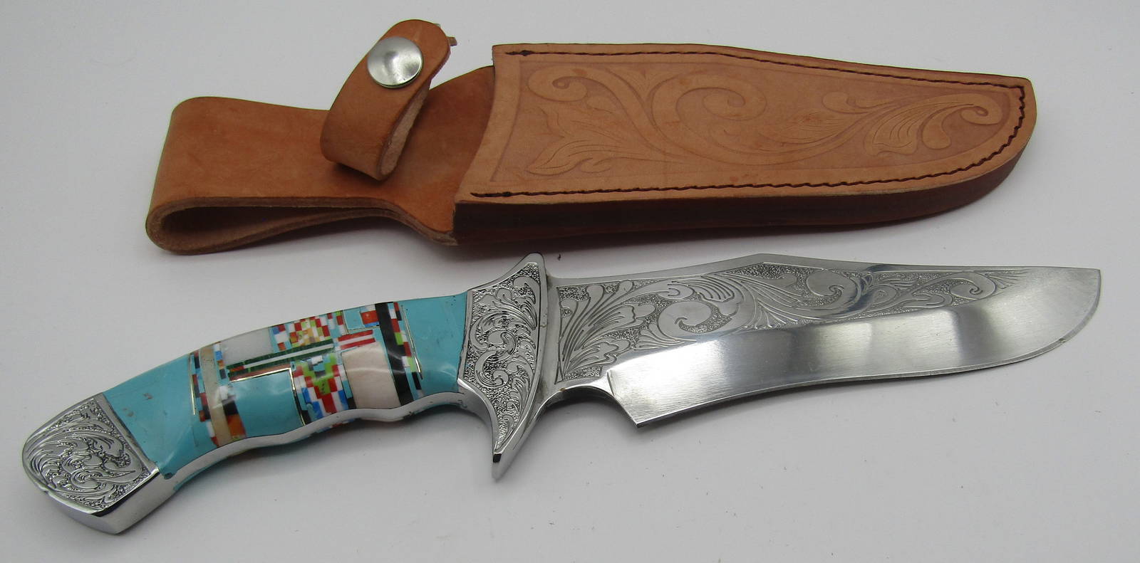 Large Engraved Turquoise Hunting Knife Auction
