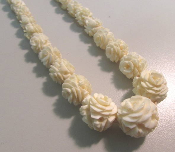 Carved Ivory Rose Bead Necklace Antique