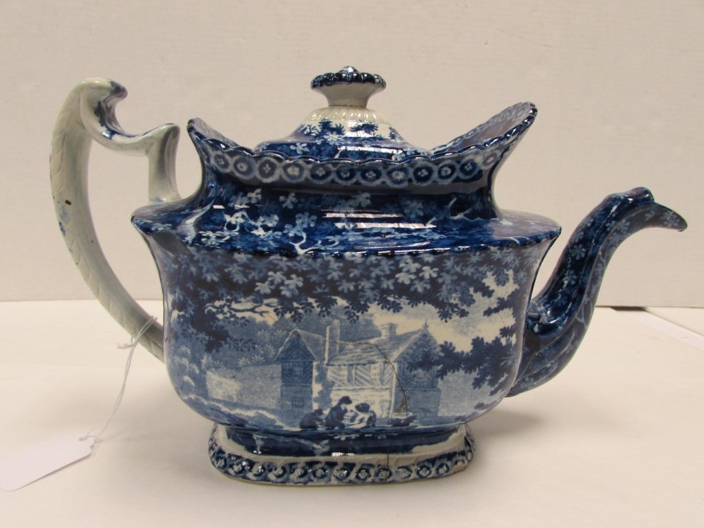 BLUE STAFFORDSHIRE TEAPOT ADAMS FARM HOUSE SCENE