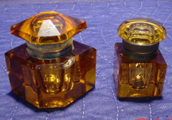 2 Amber Glass Inkwells