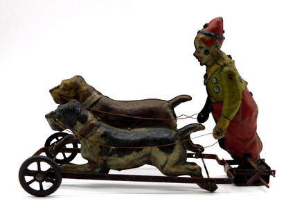 Russian Tin Litho Clown Cart Windup Toy