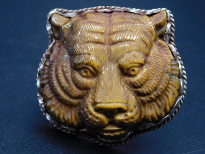 Carved Stone Tiger Adjustable Ring With Intricate Tooling Vintage Antique