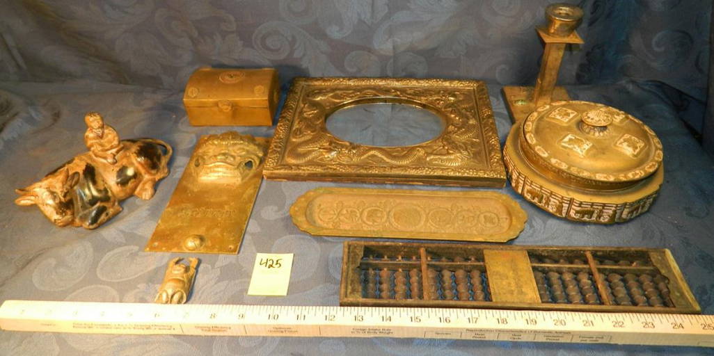 Asian Brass Pieces, Dragon Mirror, Plaques, Abacus