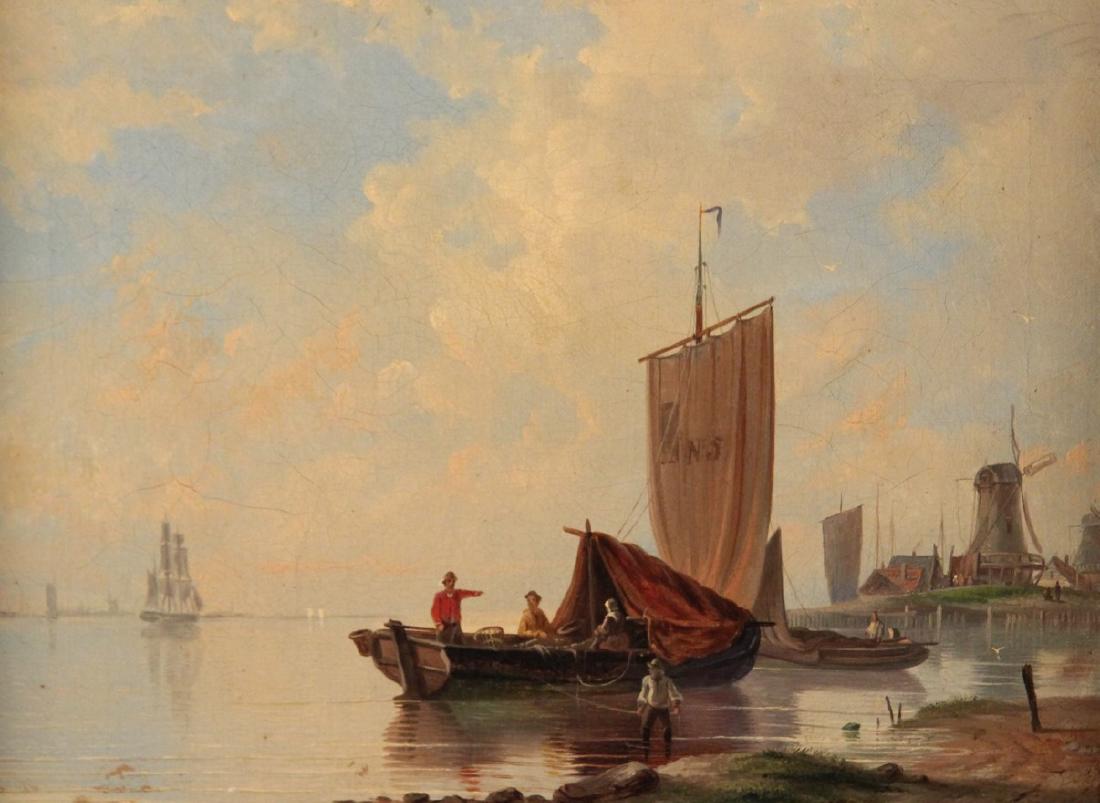 19TH C. OIL ON CANVAS DUTCH HARBOR SCENE PAINTING