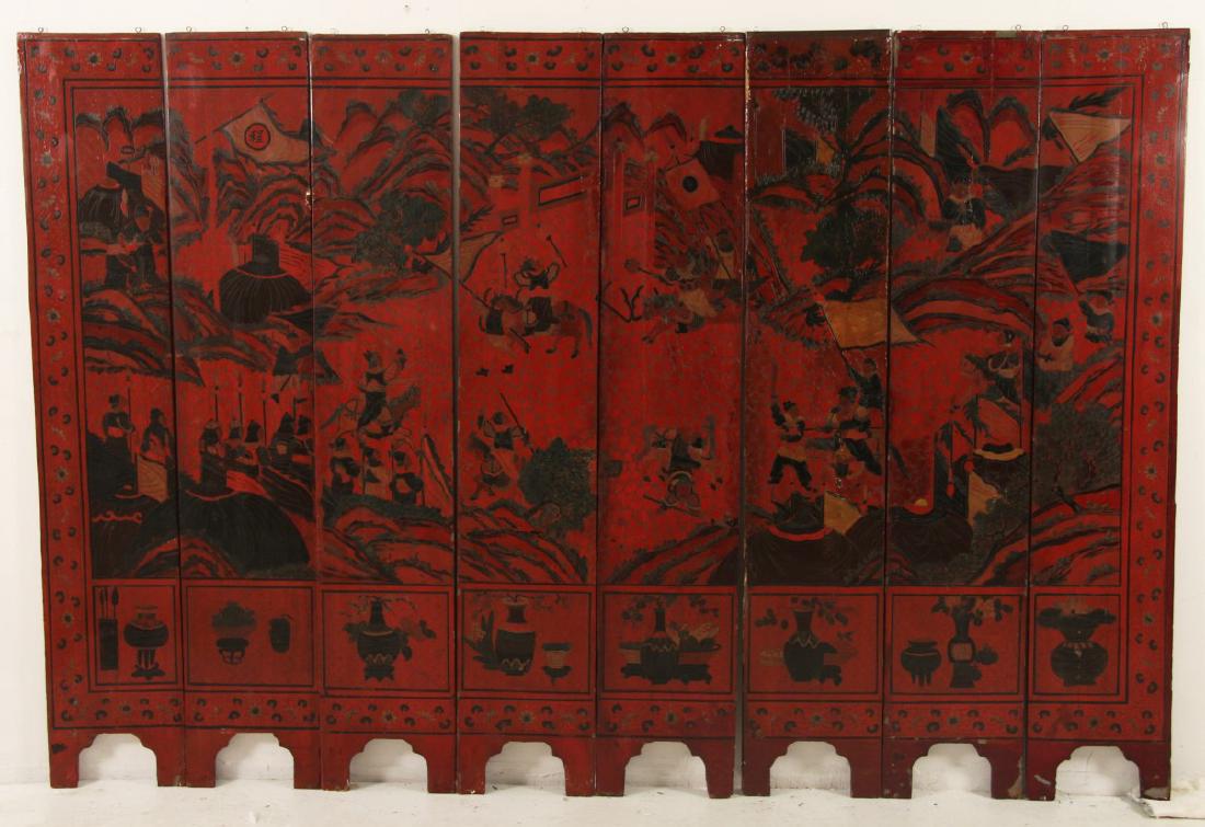 DECORATIVE 8 PANEL CHINESE RED COROMANDEL SCREEN