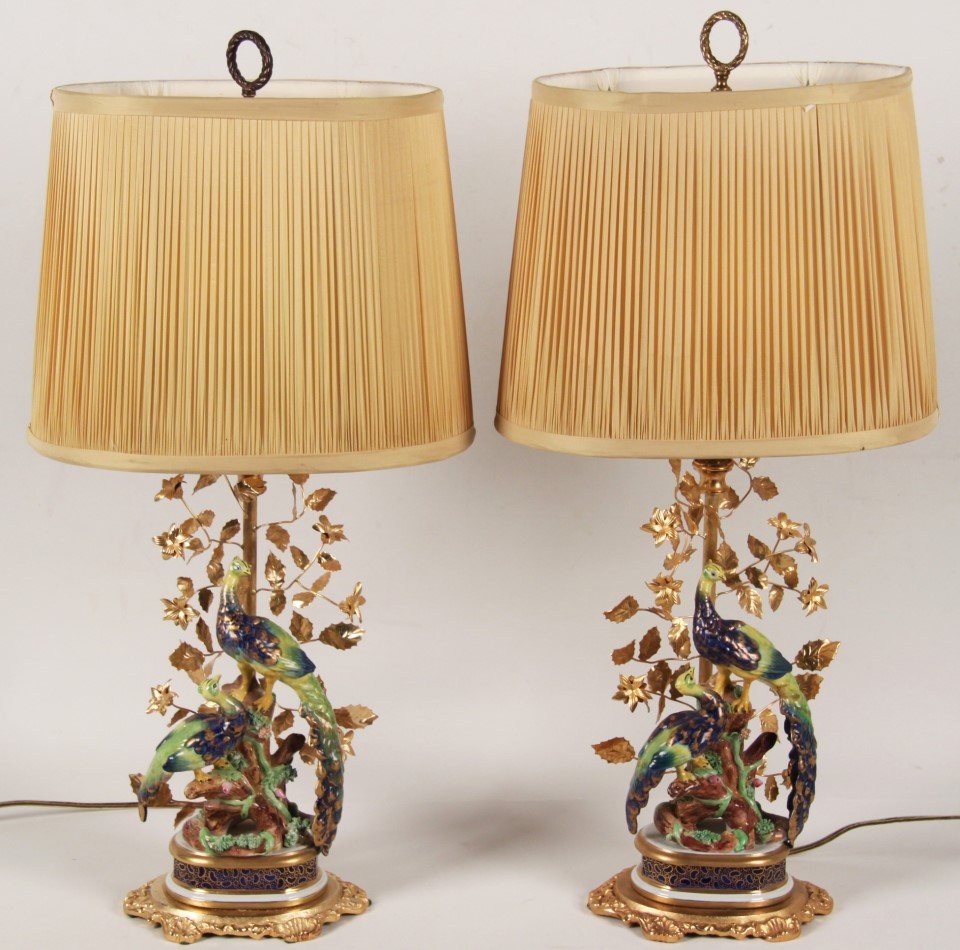 PAIR OF PORCELAIN SEVRES STYLE PEACOCK LAMP