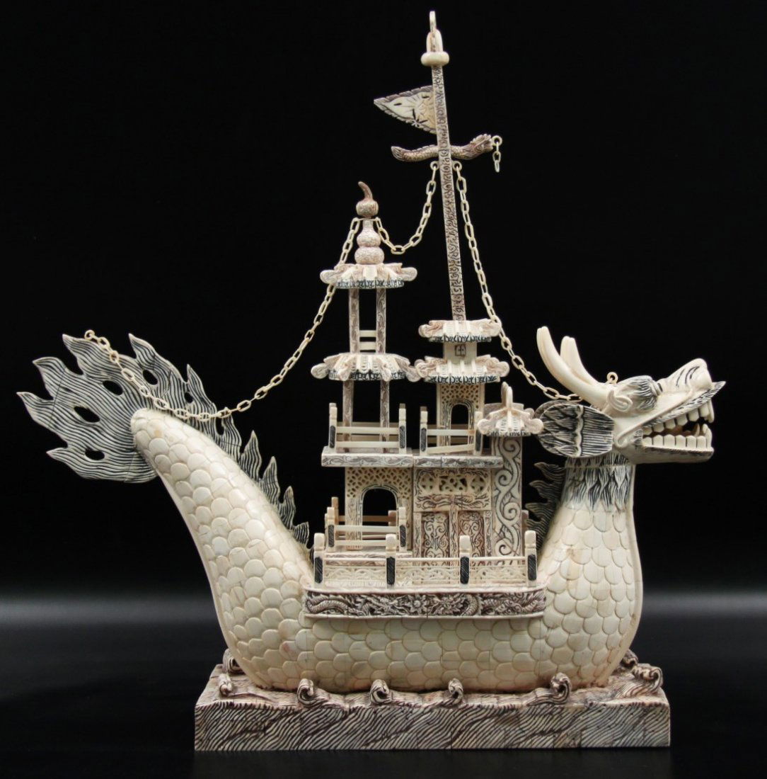 MONUMENTAL CARVED IVORY CHINESE DRAGON BOAT