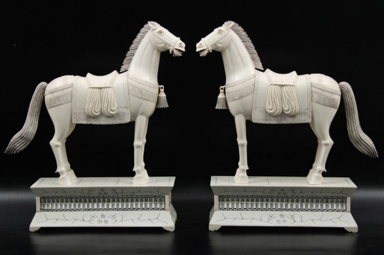 Pair Of Oriental Carved Ivory Emperor Horses