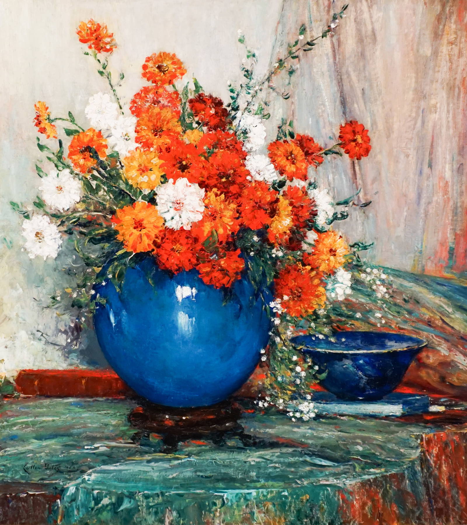 Owen Cullen Yates (american 1866-1945), Still Life Of Dahlias In A Blue ...