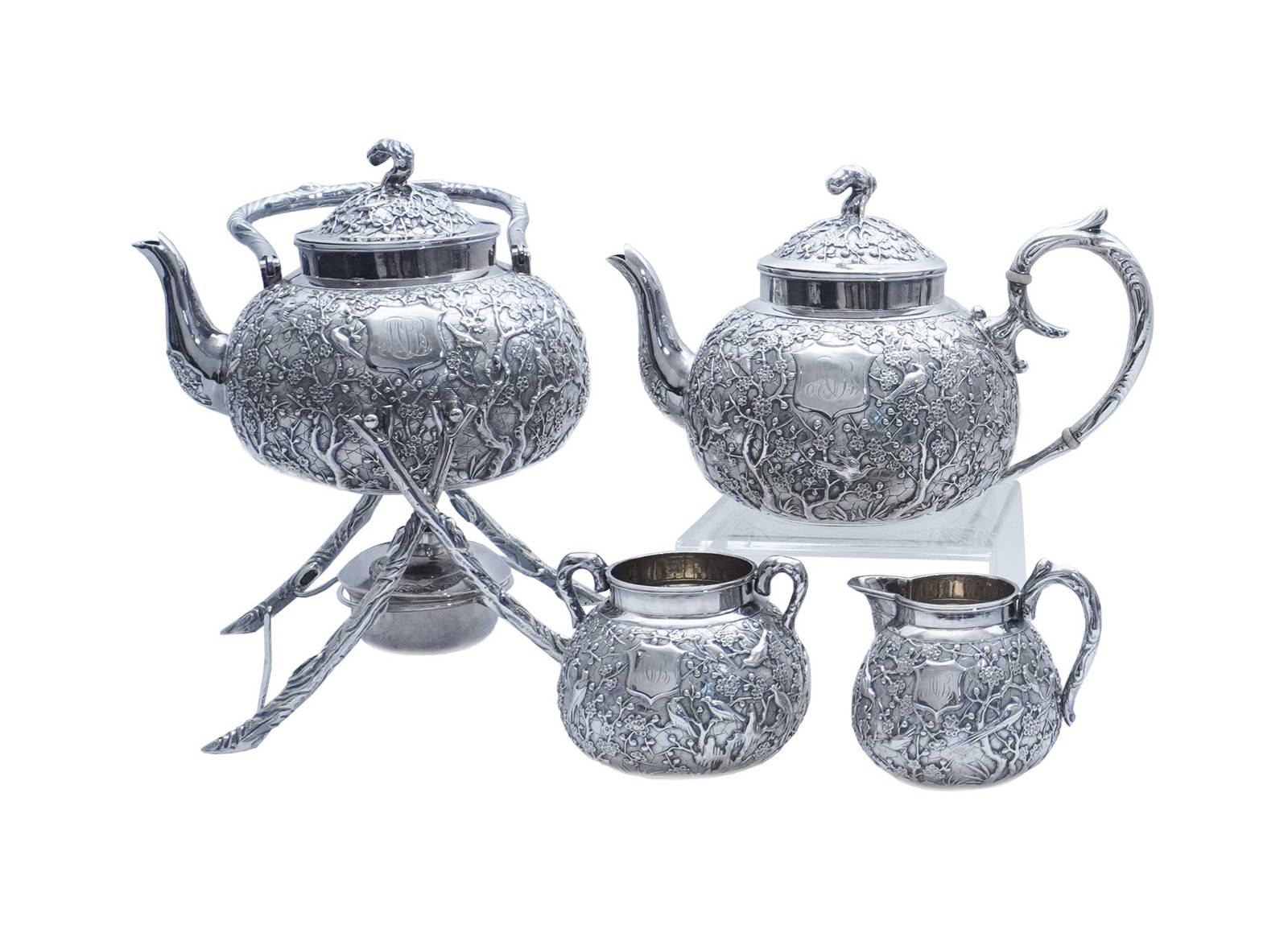 Chinese Export Repoussé Silver 'birds On Flowering Prunus' Four-piece ...