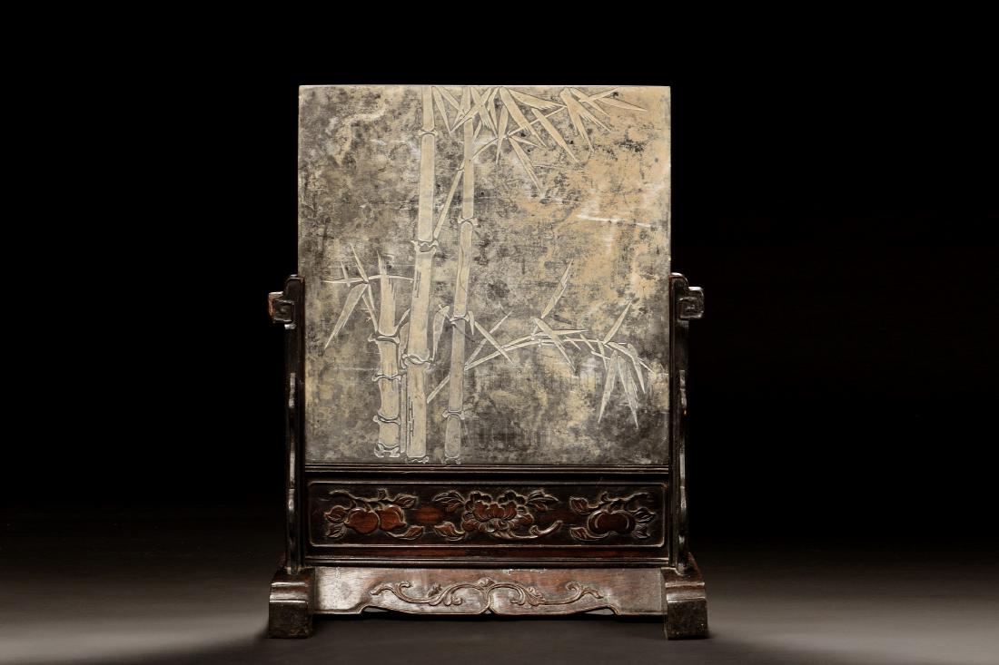 STONE CARVED 'BAMBOO' PLAQUE INSET TABLE SCREEN