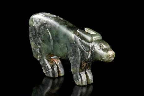 Carved Spinach Jade Standing Water Buffalo