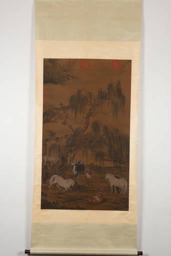 Lang Shining: Ink And Color On Paper Painting 'horses'