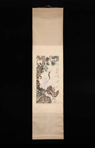Longevity Cranes Pine Trees Scroll By Fu Xinyu