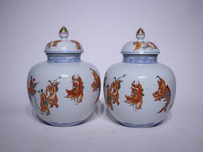 Kangxi Colorful Eight Immortals Map With A Pair Of Pot Covers