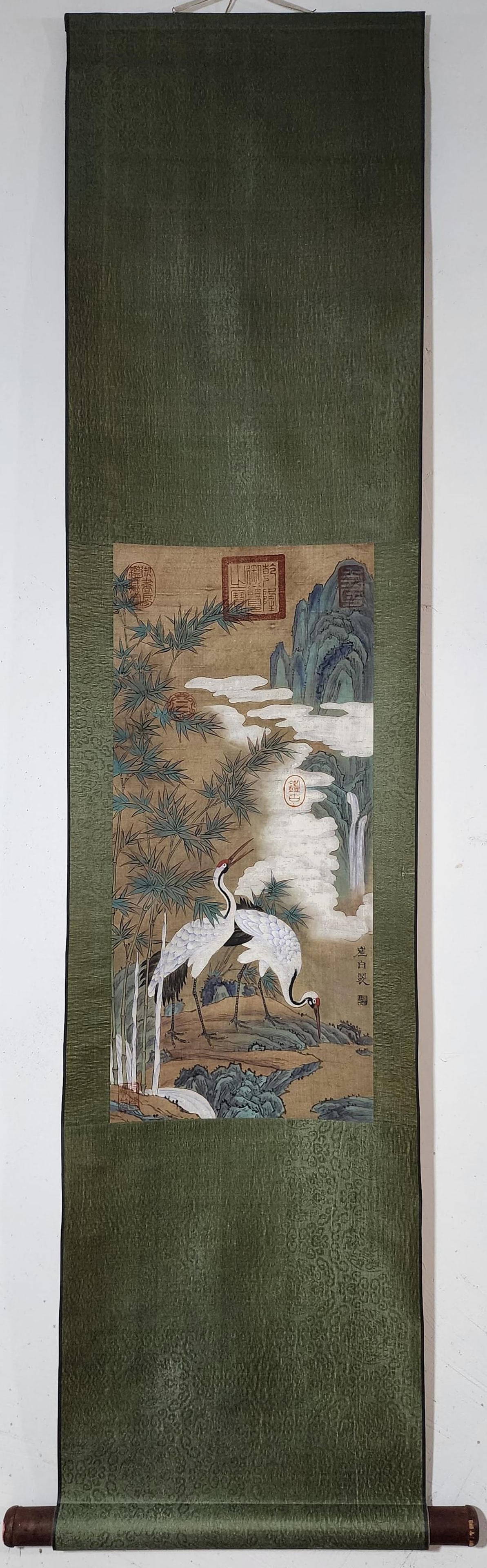 Cui Bai: Ink And Color On Silk Painting 'cranes' Auction