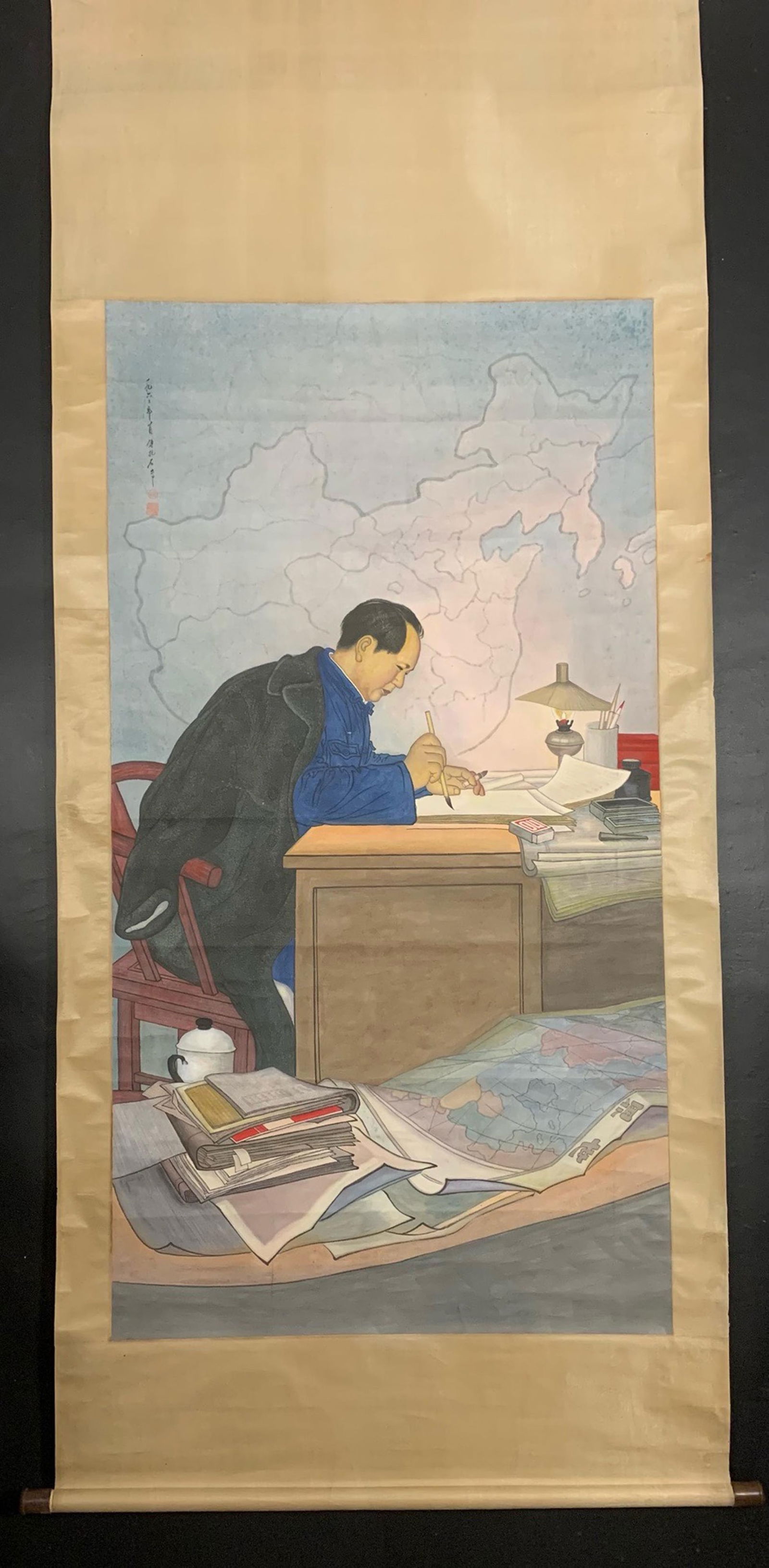 Fu Baoshi, Chairman Mao Reading Under The Lamp Scroll (1963) Auction