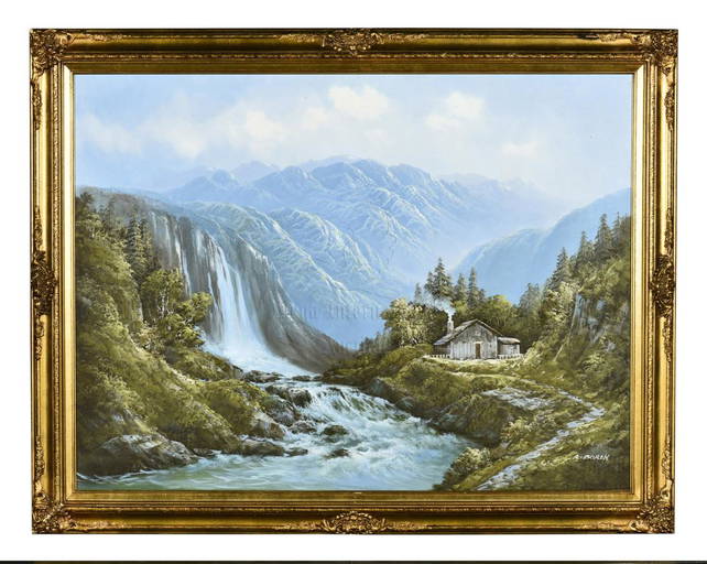 R. Boren: Framed Oil Painting On Canvass 'waterfall'