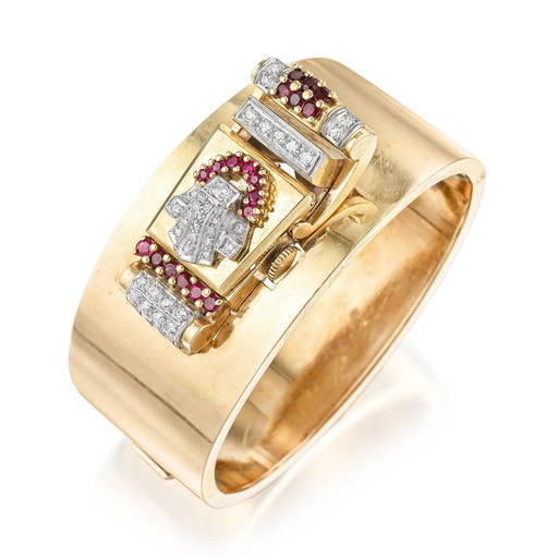 Retro Diamond And Ruby Hinged Cuff With Concealed Greygor Watch