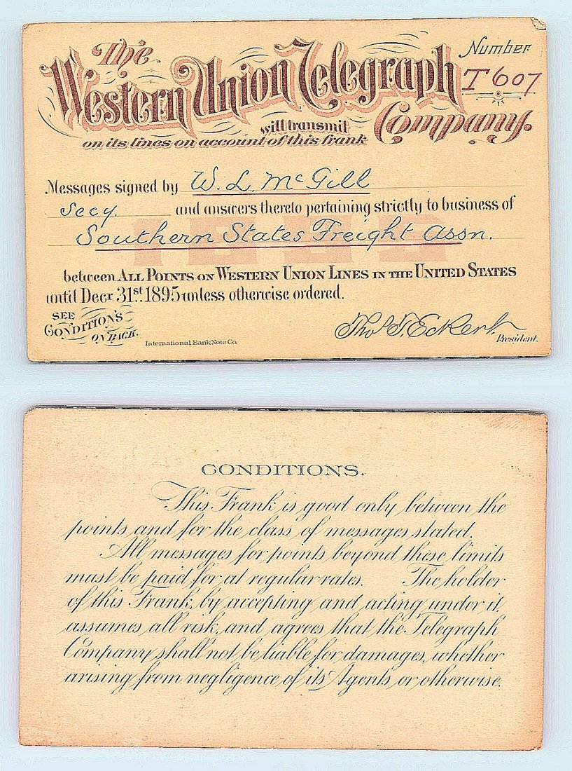 1895 Western Union Telegraph Company Railroad Pass