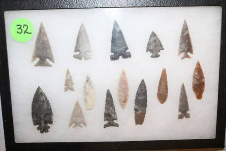 15 Flint Arrowheads W/frame